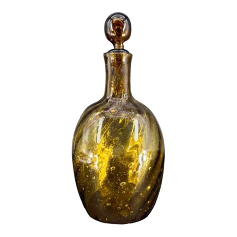 Antique Hand Blown Dark Amber Decanter Art Glass With Small Bubbles