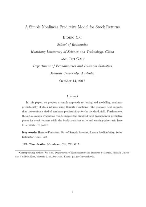 PDF A Simple Nonlinear Predictive Model For Stock Returns