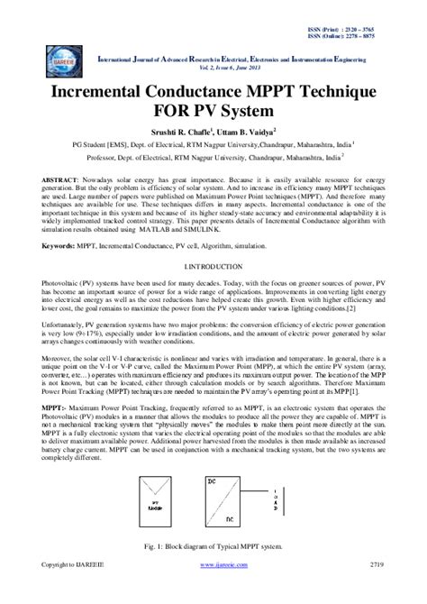 pdf incremental conductance mppt techniquefor pv system