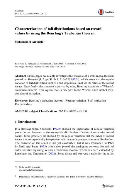 Pdf Characterization Of Tail Distributions Based On Record Values By Using The Beurlings