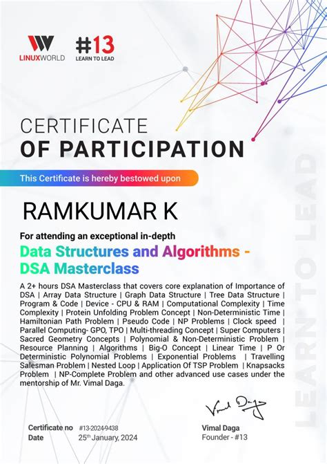 Attended Data Structures And Algorithm Masterclass Ramkumar K Posted