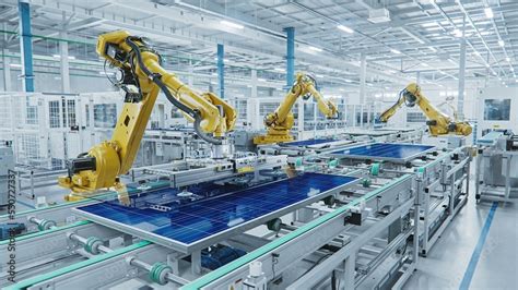 Large Production Line With Industrial Robot Arms At Modern Bright Factory Solar Panels Are