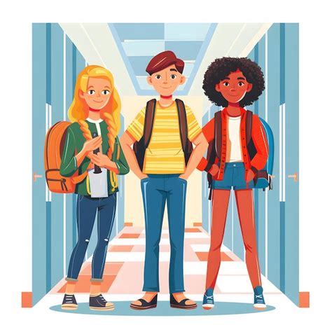 Teenage Classmates Standing In High School Hallway Isolated On White