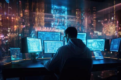 Premium Ai Image Back View Of Hacker In Hoodie Using Computer At Night Hacking And Cyber Crime