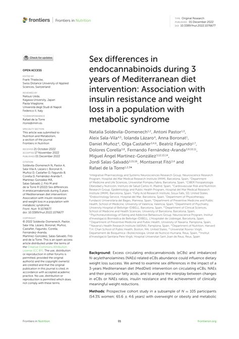 Pdf Sex Differences In Endocannabinoids During 3 Years Of Mediterranean Diet Intervention