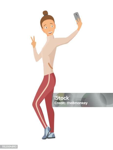 행복 한 웃는 젊은 여자 Selfie 사진 벡터 일러스트 레이 션을 복용 셀 카 촬영 소녀 개성 개념에 대한 스톡 벡터 아트 및 기타 이미지 Istock