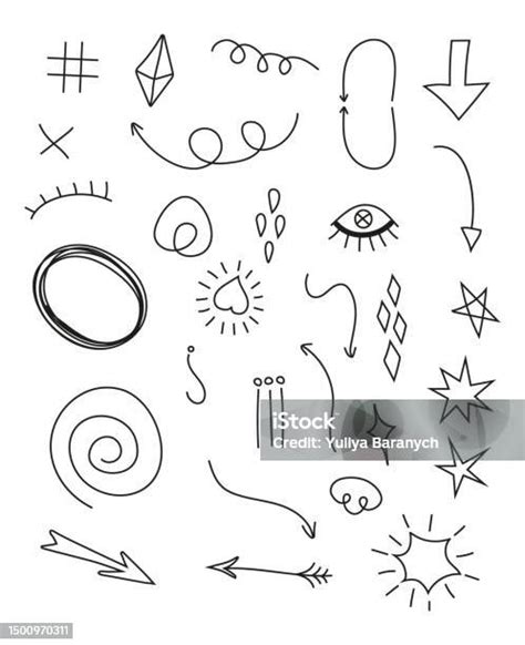 소셜 미디어용 인포그래픽 요소 벡터를 낙서합니다 Specech 거품 화살 왕관 손으로 그린 낙서 스타일의 소셜 그물에 대한 별 개체 그룹에 대한 스톡 벡터 아트 및 기타