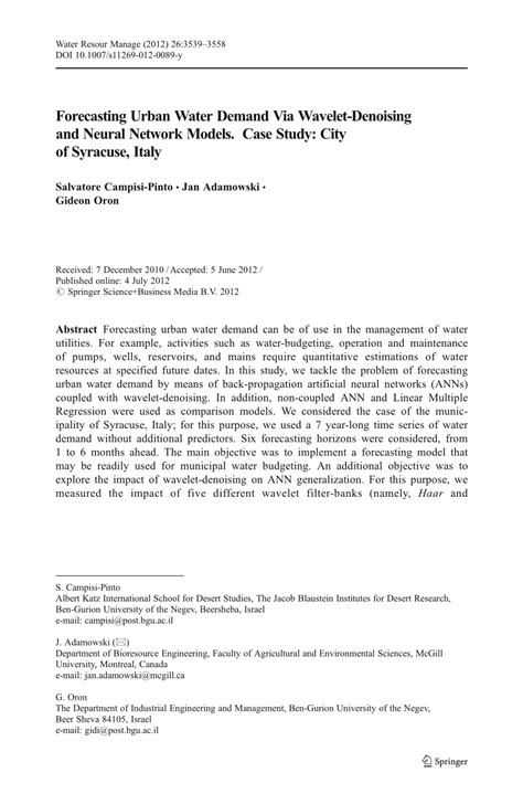 Pdf Forecasting Urban Water Demand Via Wavelet Denoising And Neural