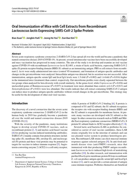 Oral Immunization Of Mice With Cell Extracts From Recombinant Lactococcus Lactis Expressing Sars
