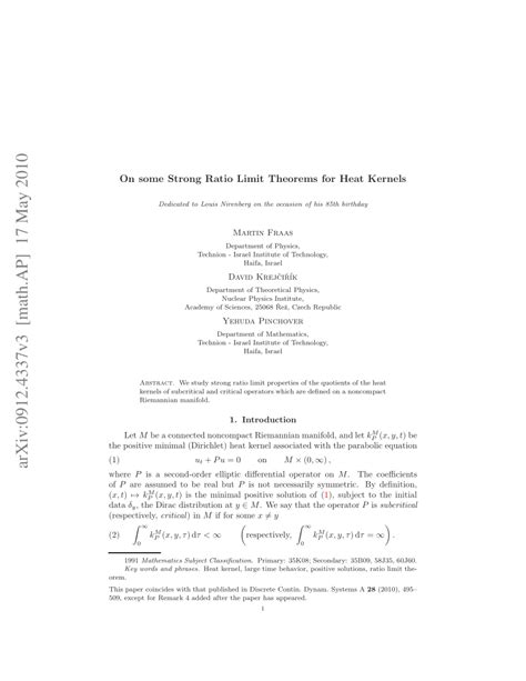 Pdf On Some Strong Ratio Limit Theorems For Heat Kernels