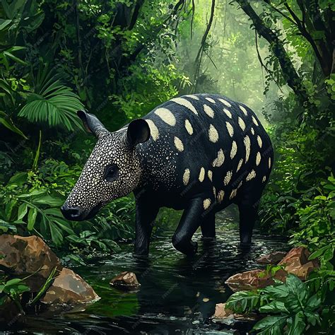 Vibrant Malayan Tapir Wading Through Water In Natural Habitat Premium