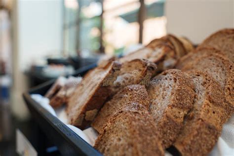 Luxury Hotel Buffet Showcasing Tray Of Crusty Brown Bread Slices Rome