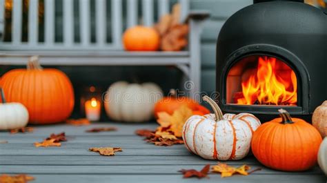 Cozy Autumn Fireplace Pumpkins Leaves Fall Decor Stock Illustration