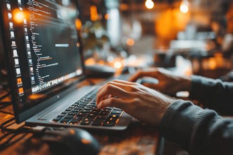 a person coding on a laptop in a cozy dimly lit environment premium