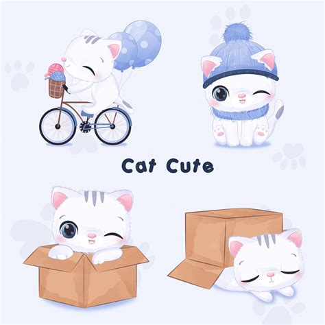 수채화 고양이 아메리칸 쇼트헤어 고양이 스쿼트 프리미엄 벡터