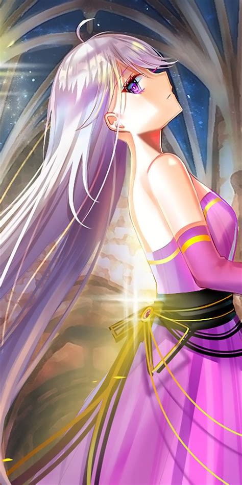 Обои на телефон Аниме Оригинал Платье Длинные Волосы Фиолетовые Глаза Седые Волосы 871003