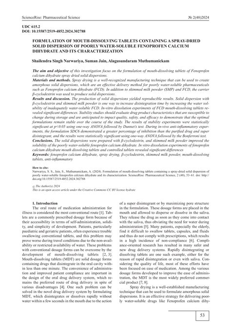 Pdf Formulation Of Mouth Dissolving Tablets Containing A Spray Dried Solid Dispersion Of