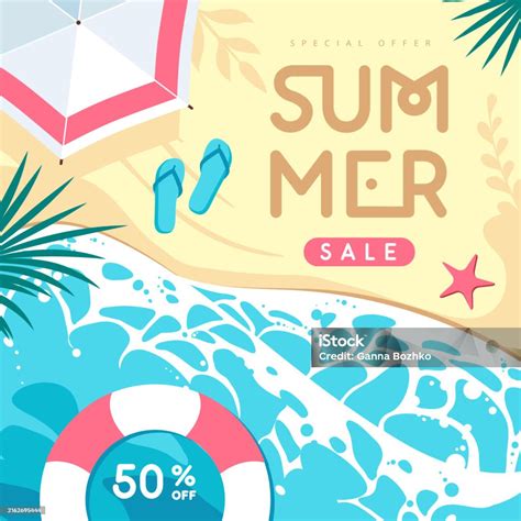 평면도 여름 큰 판매 배너 또는 포스터 바다 파도 모래 해변과 야자수 잎 벡터 일러스트 레이 션 바다에 대한 스톡 벡터 아트 및 기타 이미지 Istock