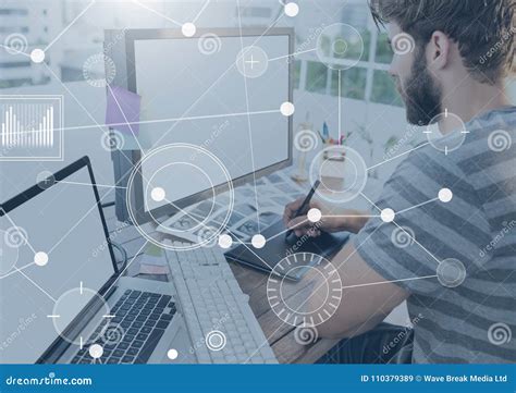 Business Overlay Interface With Man And Computer Stock Image Image Of Cheerful Attractive