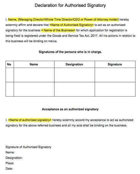 gst registration declaration for authorised signatory format
