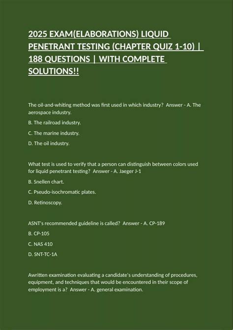 2025 Examelaborations Liquid Penetrant Testing Chapter Quiz 1 10 188 Questions With