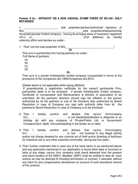 Format Ii Affidavit On A Non Judicial Stamp Paper Of Rs 100 Pdf Affidavit Sole