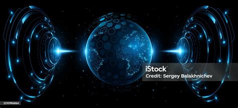 디지털 Hud 서클이 있는 행성 지구 홀로그램 빛나는 점의 디지털 지도 비즈니스 또는 과학을 위한 핀테크 배경 온라인 웨비나 글로벌 커뮤니케이션 시스템 벡터 일러스트 레이