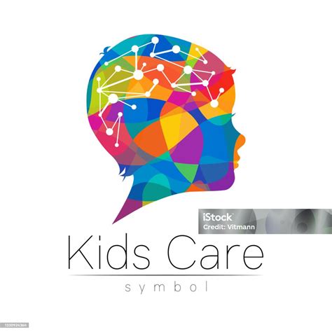 벡터의 자식 무지개 로고 타입 실루엣은 뇌와 인간의 머리를 프로파일 사람 어린이 자폐증 어린이 치료 클리닉 교육을위한 개념 로고