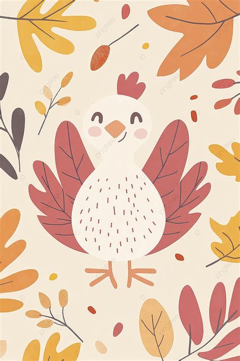 떨어지는 가을 잎으로 둘러싸인 중앙에 서있는 귀여운 만화 칠면조의 그림 배경은 노란색과 주황색 단풍잎이 흩어져 있는 밝은 갈색입니다 배경 화면 및 일러스트 무료 다운로드