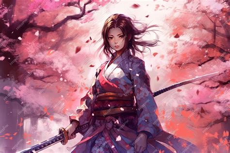 Premium Ai Image Fierce Samurai Girl Wielding A Katana And Wearing