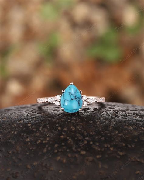 Pear Turquoise Engagement Ring Moissanite Cluster Wedding Ring 14k Gold