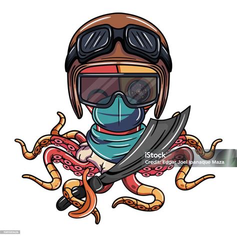 안경 가면 해적 검을 가진 문어 사이보그 비행기 조종사의 만화 캐릭터 판타지 공상 과학 소설 및 모험 만화의 삽화 파일럿에 대한