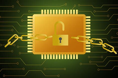 Cybersecurity Breach Unlocked Padlock On Microchip Illustrates Data Vulnerability Stock