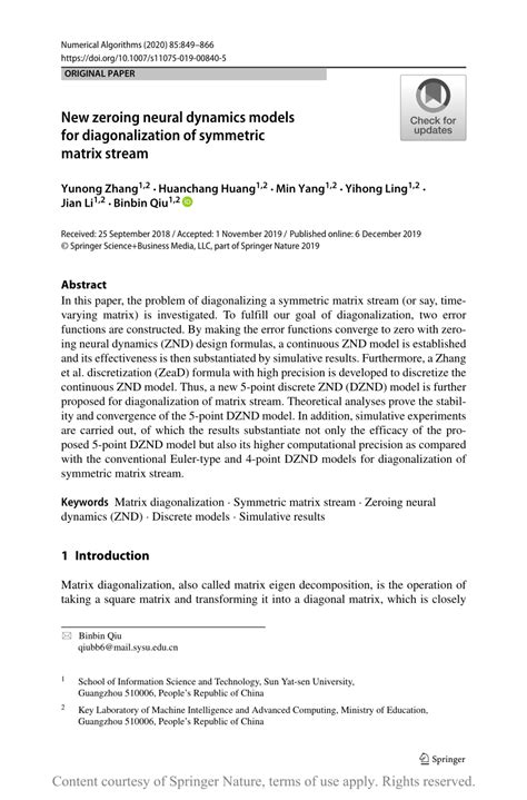 New Zeroing Neural Dynamics Models For Diagonalization Of Symmetric Matrix Stream Request Pdf