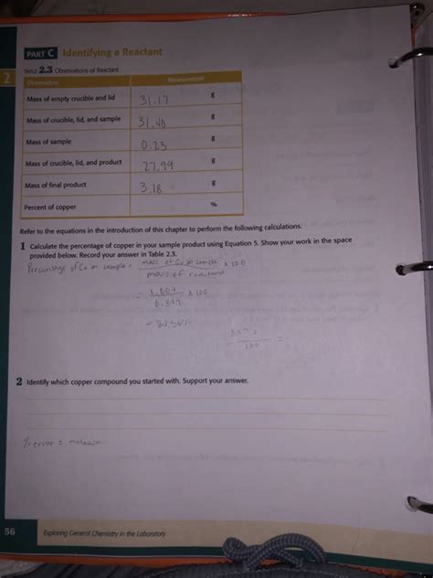 part c identifying a reactant table 2 3 observations