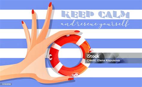 바다 여행과 해변 휴가의 개념 만화 스타일의 바다 구조 경고 한 여성의 손은 줄무늬 배경에 구명 부표를 쥐고 있습니다 경계