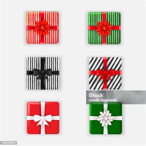 나비와 리본 상단보기와 크리스마스 멀티 컬러 선물 상자 세트 벡터 일러스트레이션 3차원 형태에 대한 스톡 벡터 아트 및 기타 이미지 3차원 형태 개체 그룹 공 스포츠