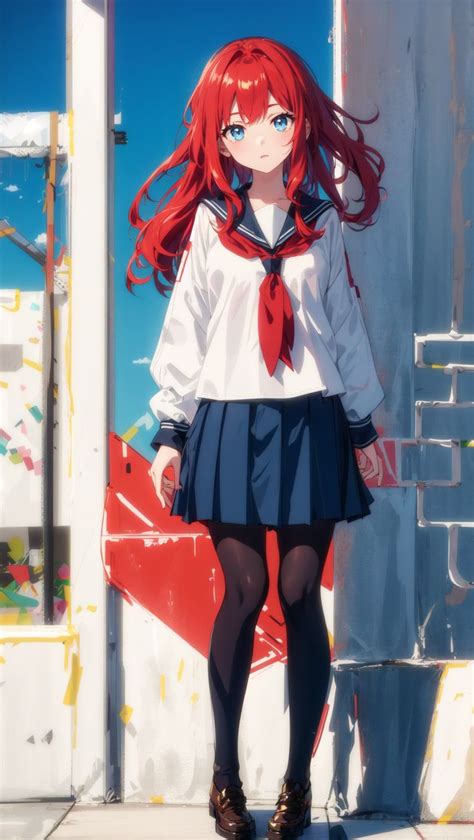 Школьница аниме арт ножки юбка красный галстук красные волосы синее глаза Белая рубашка