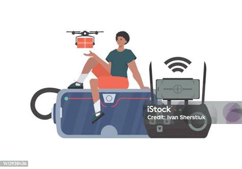 항공에 의한 화물 운송의 개념 한 남자가 패키지로 쿼드 콥터를 제어합니다 흰색 배경에 고립되어 있습니다 벡터 일러스트레이션 교통수단에 대한 스톡 벡터 아트 및 기타 이미지