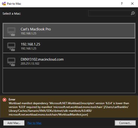 Pair To Mac Failed With Error Workload Manifest Dependency Microsoftnetworkloademscripten