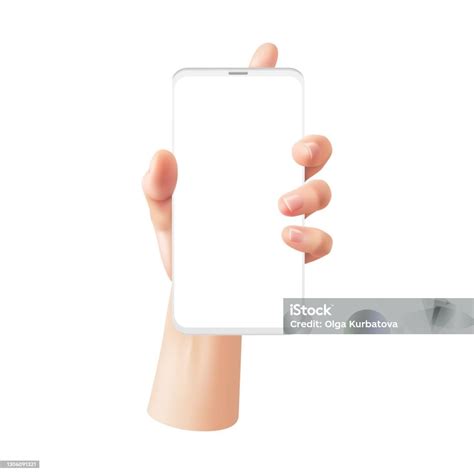 휴대 전화와 현실적인 손 여자는 흰색 빈 화면 장치 템플릿에 광고 가젯 터치 스크린 인터페이스 제스처 벡터 3d 고립 된 그림으로 스마트 폰을 보유 3차원 형태에 대한 스톡
