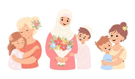 귀여운 가족 세트입니다 딸과 함께 행복한 금발 꽃다발 꽃을 든 히잡을 쓴 무슬림 여성 웃는 아들과 함께 어머니 벡터 일러스트 레이 션 평면 만화 스타일입니다 캐릭터 다양한