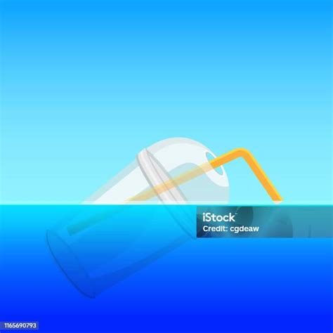 일러스트 플라스틱 컵과 빨대는 표면 바다 바다 또는 강 개념 환경 오염 쓰레기 쓰레기 폐기물 플라스틱 수중 바다 강 환경에서