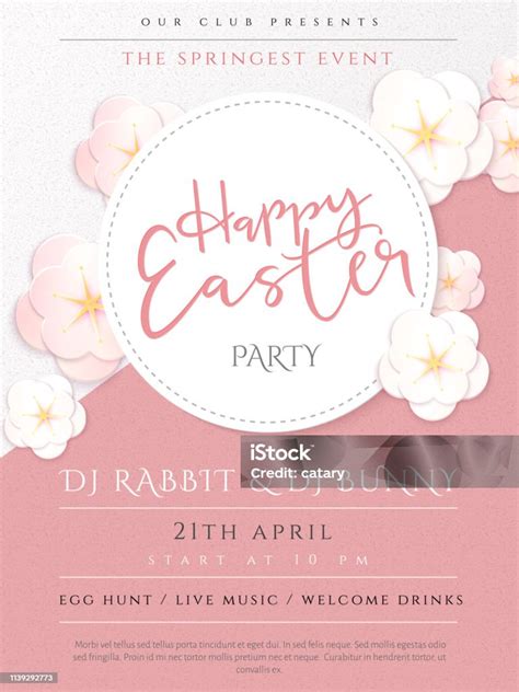 벡터 일러스트 레이 션의 부활절 날 초대장 파티 포스터 템플릿 손으로 글자 레이블행복 한 부활절종이 종이 접기 봄 사과 꽃 4월에 대한 스톡 벡터 아트 및 기타 이미지