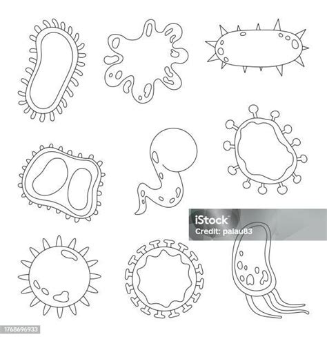 박테리아와 바이러스 색칠 공부 페이지 미생물과 세균 박테리아 유형 손으로 그린 스타일입니다 벡터 그리기 디자인 요소 모음 개체 그룹에 대한 스톡 벡터 아트 및 기타 이미지