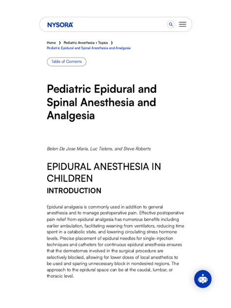 Pediatric Epidural And Spinal Anesthesia And Analgesia Nysora Pdf