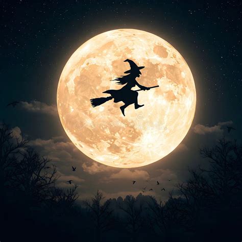 Silhouette Of A Witch Flying Across Full Moon Over Haunted Forest At