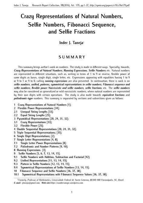 pdf crazy representations of natural numbers selfie numbers fibonacci sequence and selfie