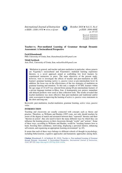 Pdf Teacher Vs Peer Mediated Learning Of Grammar Through Dynamic Assessment A Sociocultural