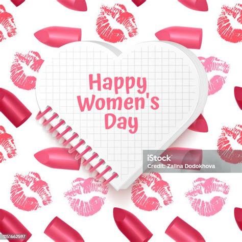 인사말 카드 행복 한 여자의 날 인쇄 립스틱과 키스 인쇄와 원활한 끝 없는 배경과 카드 포스터 또는 배너 벡터 Eps 10 일러스트 배경 0명에 대한 스톡 벡터 아트 및